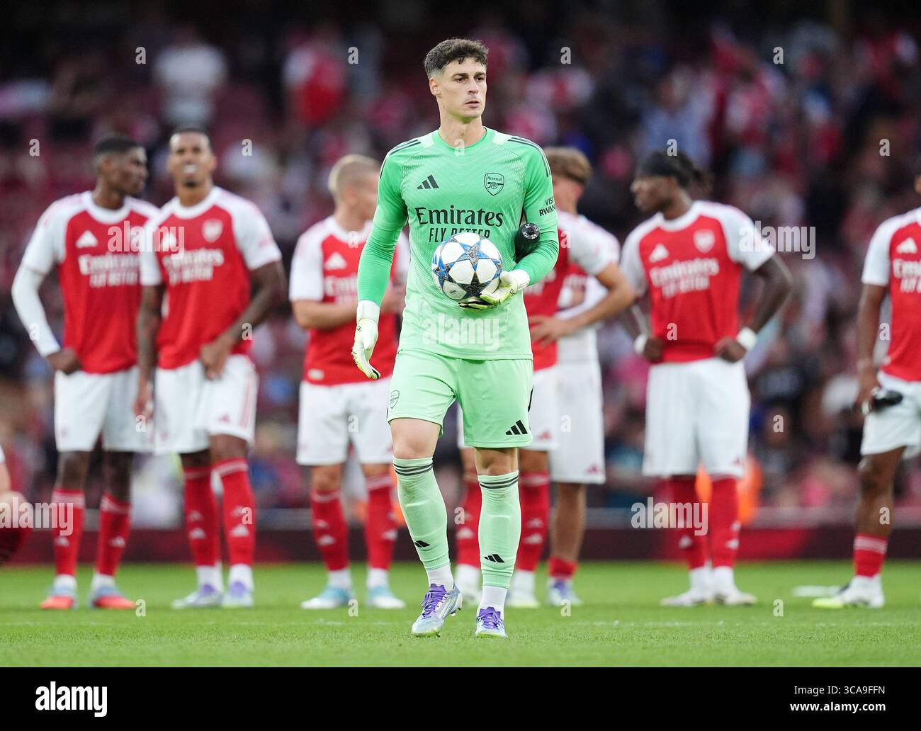Arsenal goalkeeper Kepa Arrizabalaga walks with the ball before the ...