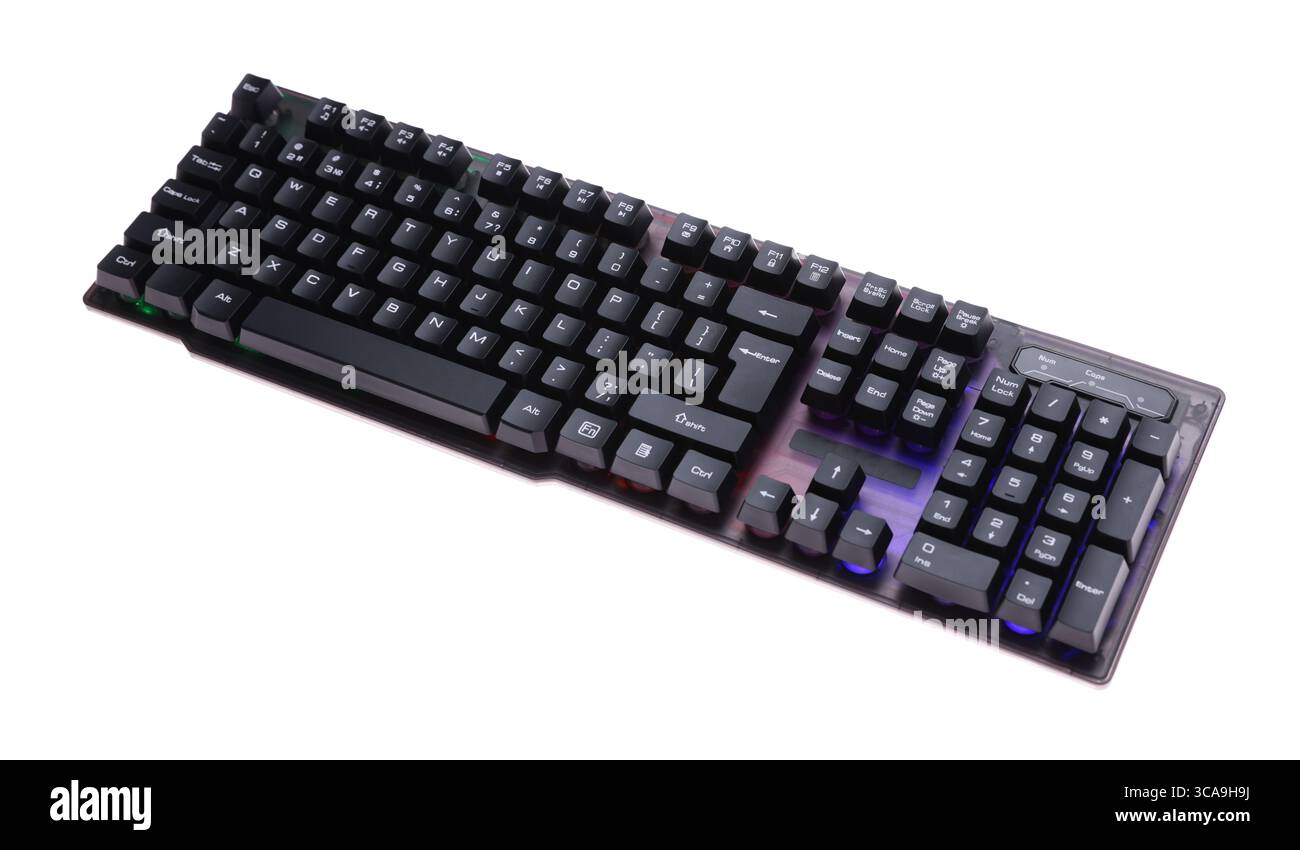Modern computer keyboard with RGB lighting isolated on white Stock ...