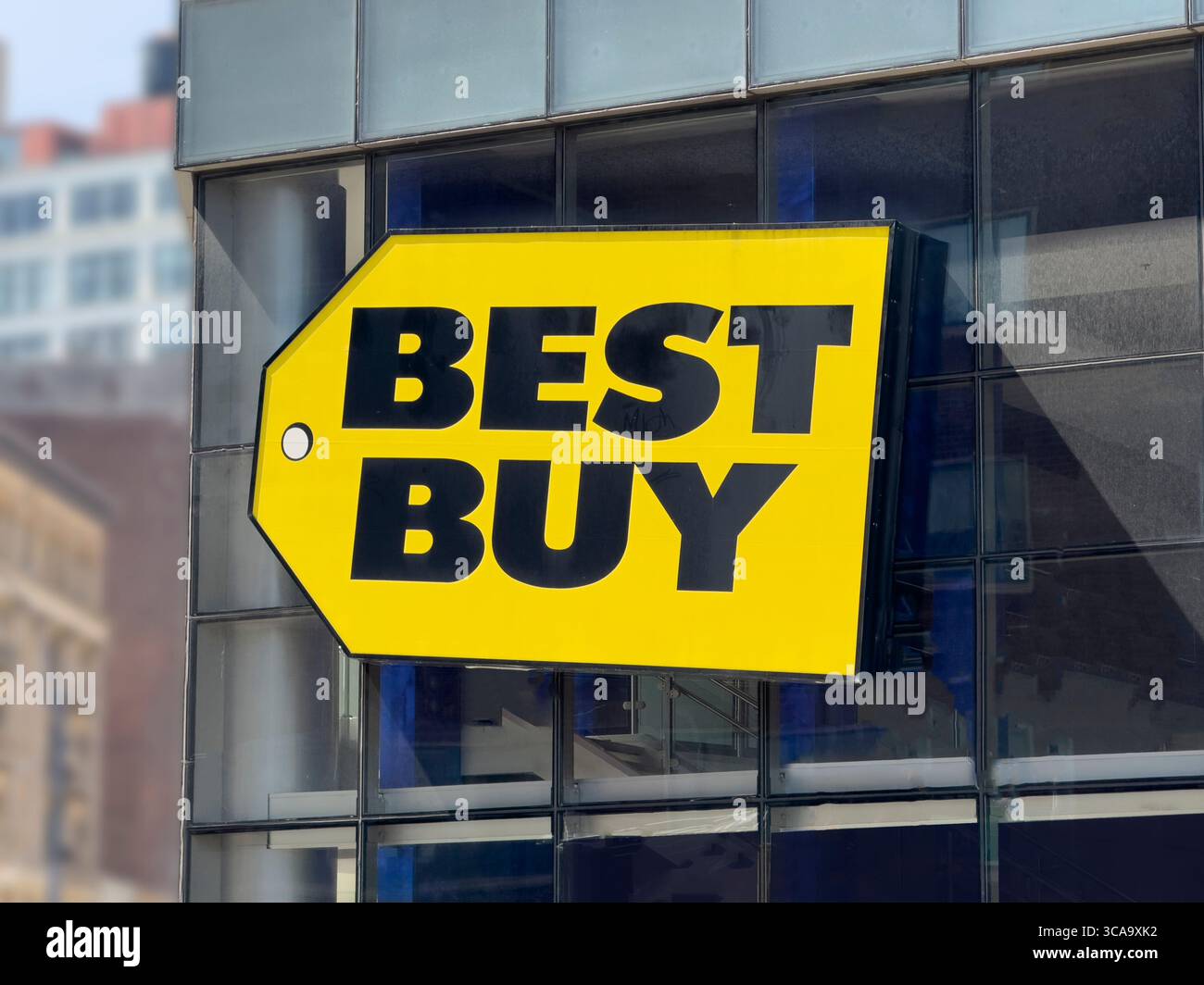 Best Buy retail store, company logo on building exterior, Manhattan ...