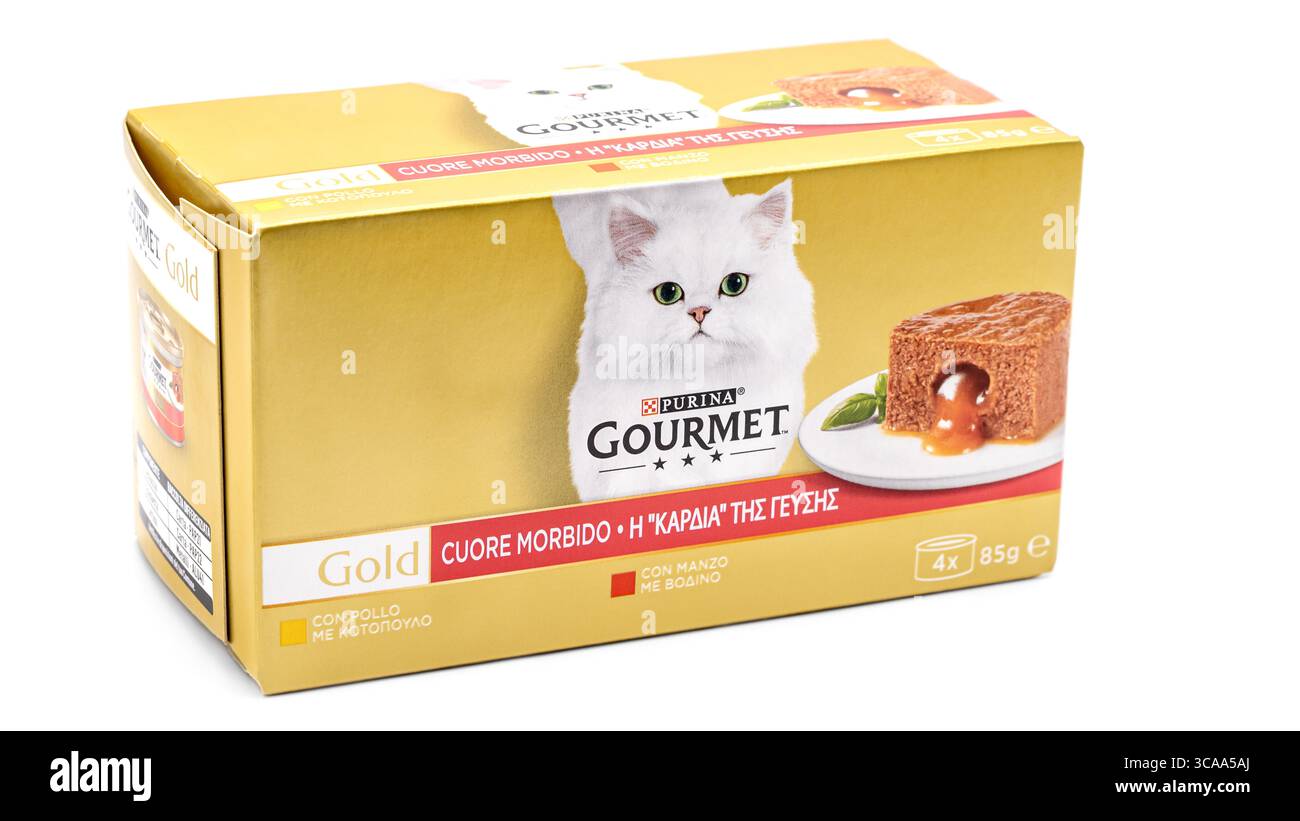 Purina Gourmet Gold,cat food packaging on white background Stock Photo ...