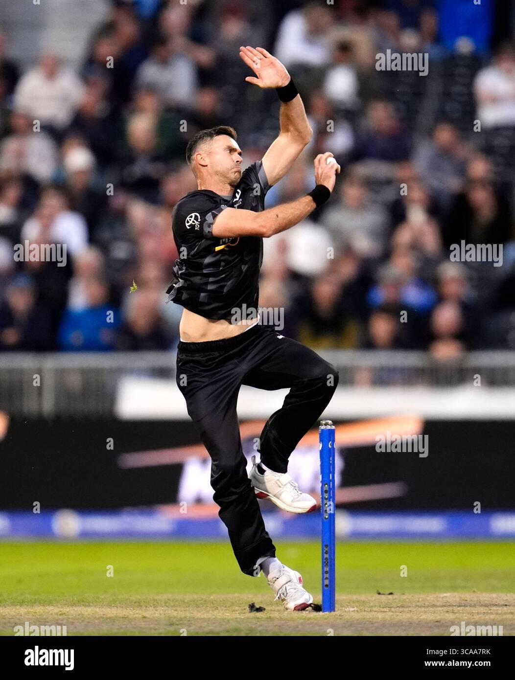 Manchester Originals' James Anderson bowling during the Hundred Men's ...