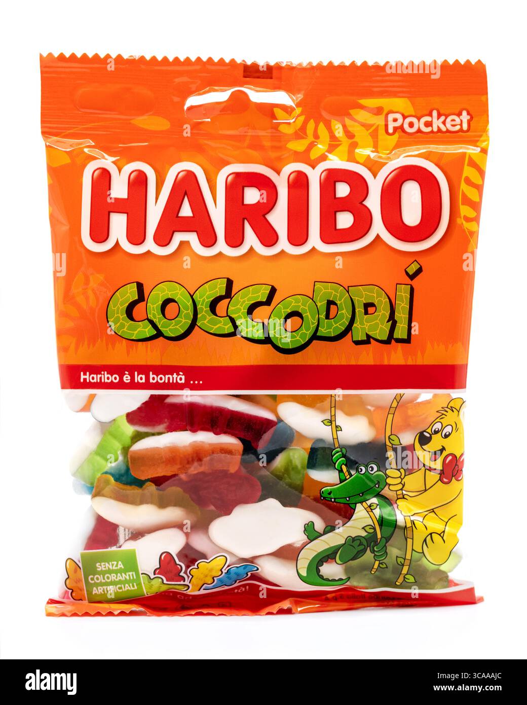 Haribo Coccodrì pocket,bag of gummy candies on white background Stock ...