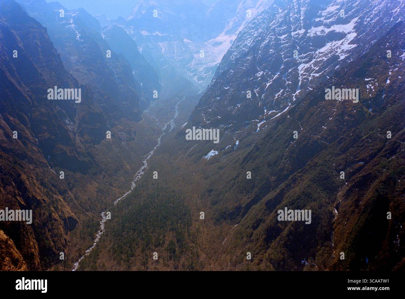 Aerial view of a hidden valley in the Everest Himalaya near Tengboche ...