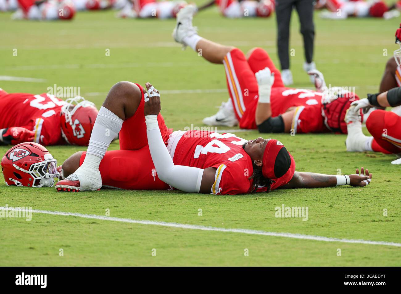 August 6, 2025: Kansas City Chiefs offensive tackle Wanya Morris (64) stretches during training ...