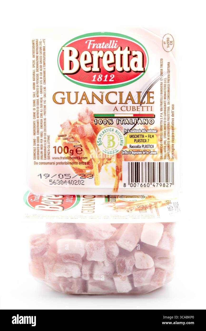 Beretta guanciale a cubetti,packs of cubes bacon,Italian product on a ...