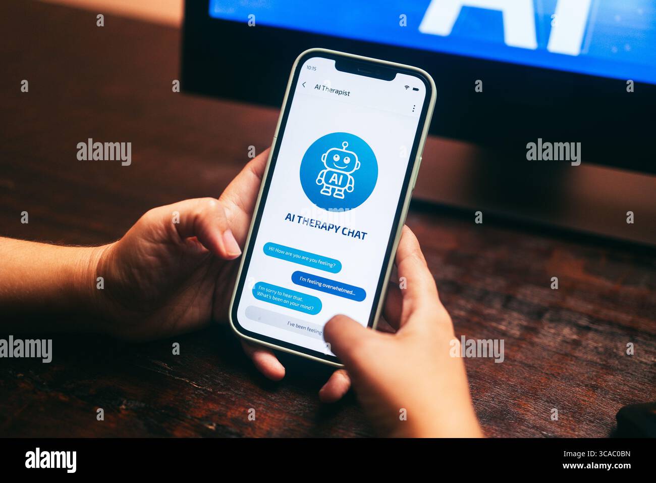 AI therapy chat app on smartphone for mental health support. Emotional ...