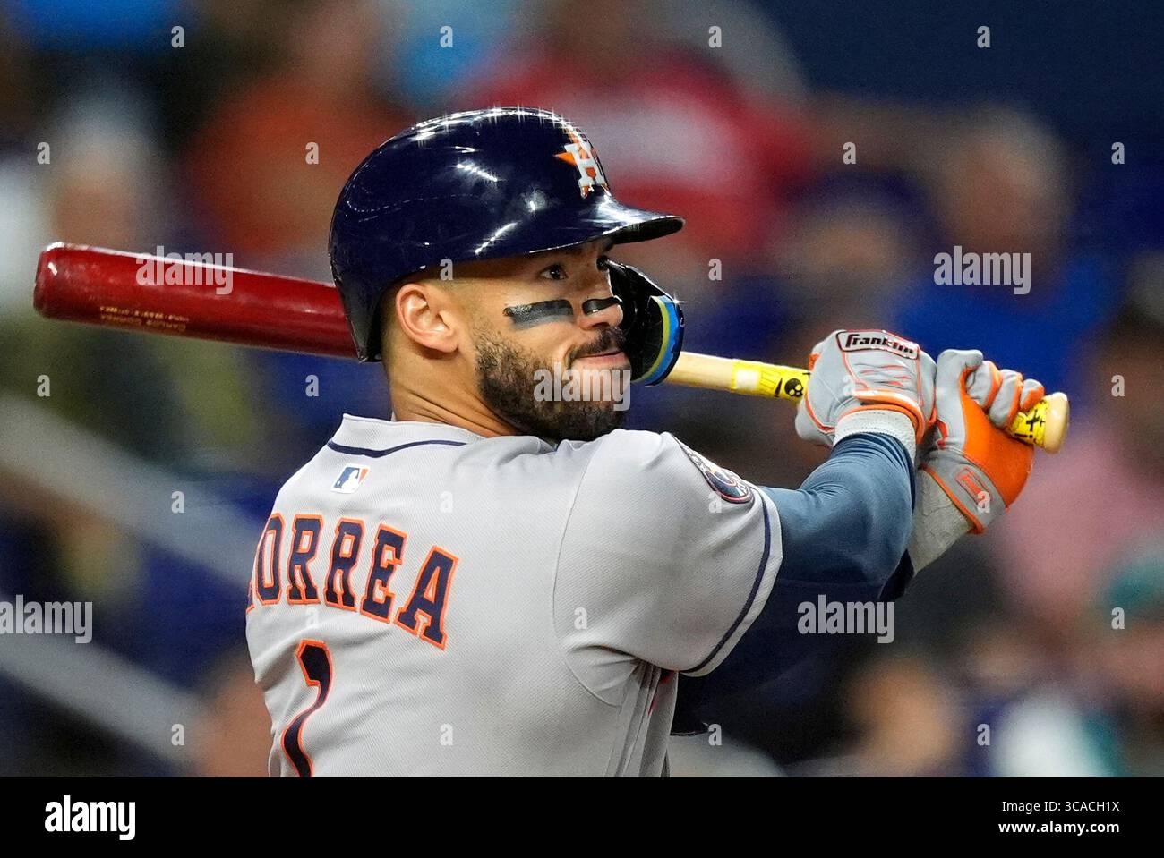 Houston Astros' Carlos Correa hits a double in the fifth nning of a ...