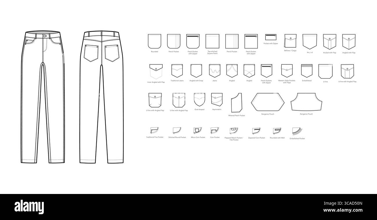 Set of Jeans with pockets - Denim technical fashion illustration with ...