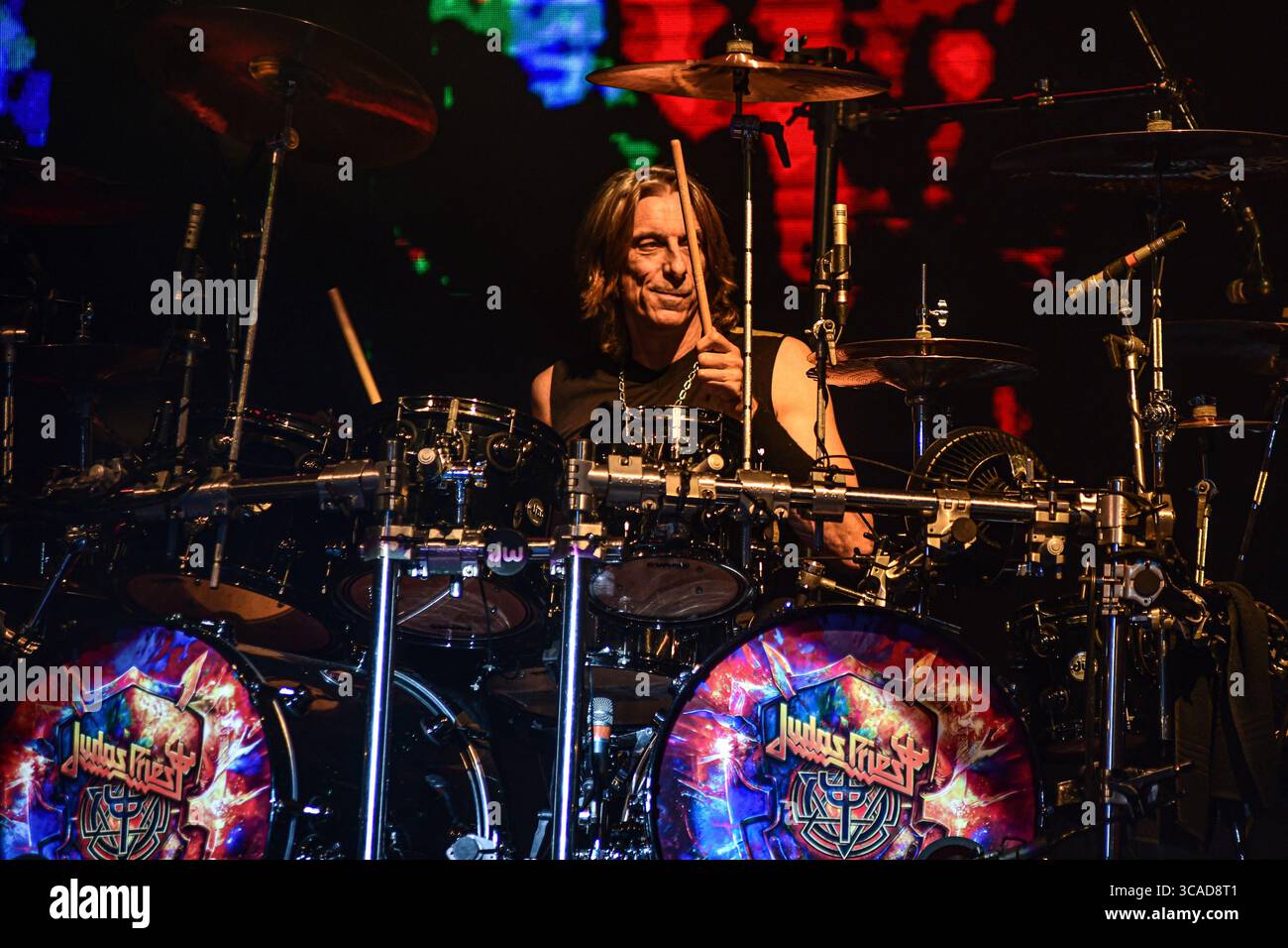 Judas Priest (Scott Travis, drums) performing live. Masters of Rock Festival. Buenos Aires Stock ...