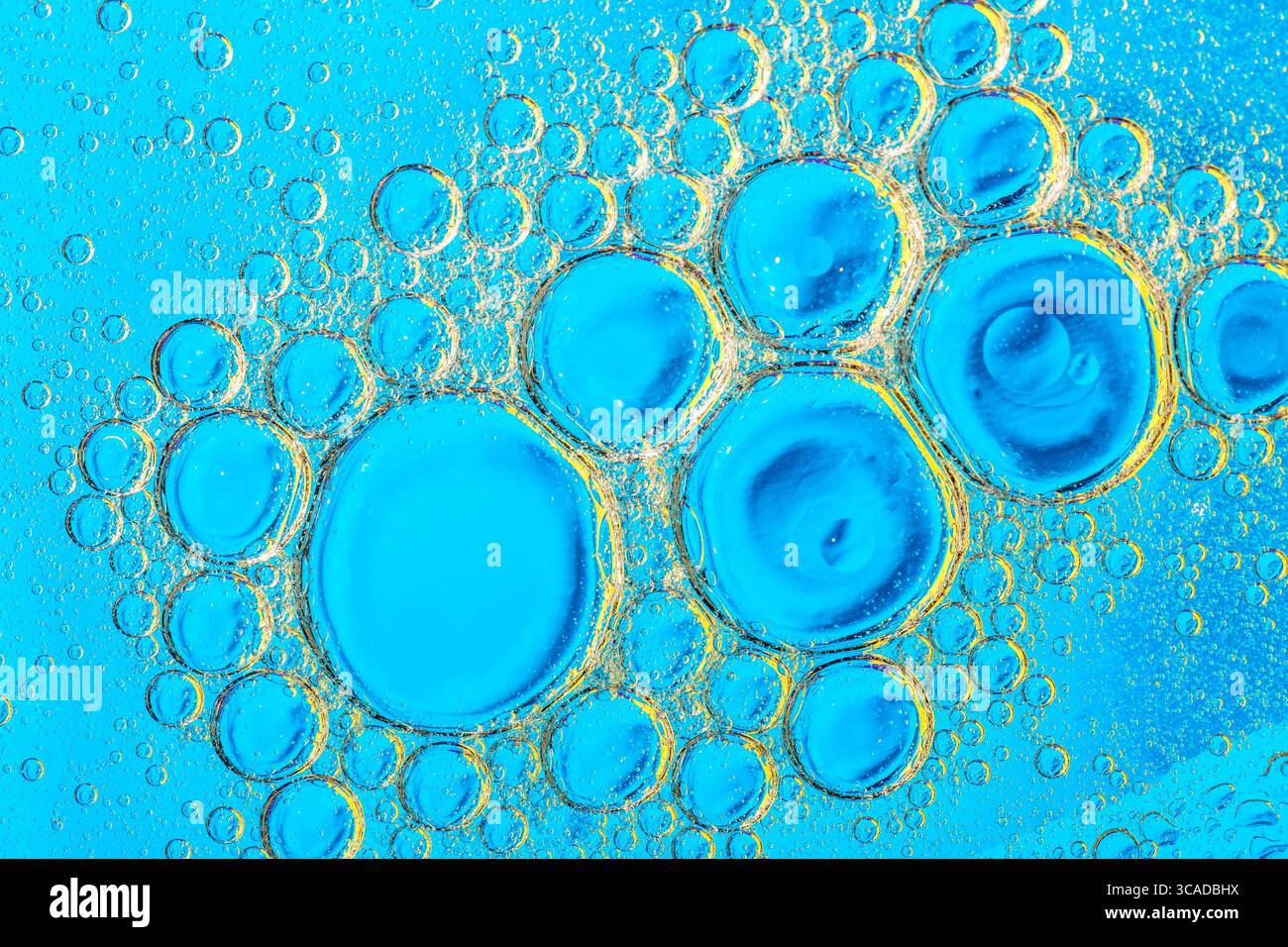 Water bubbles on blue and yellow background. Scientific image of cell ...