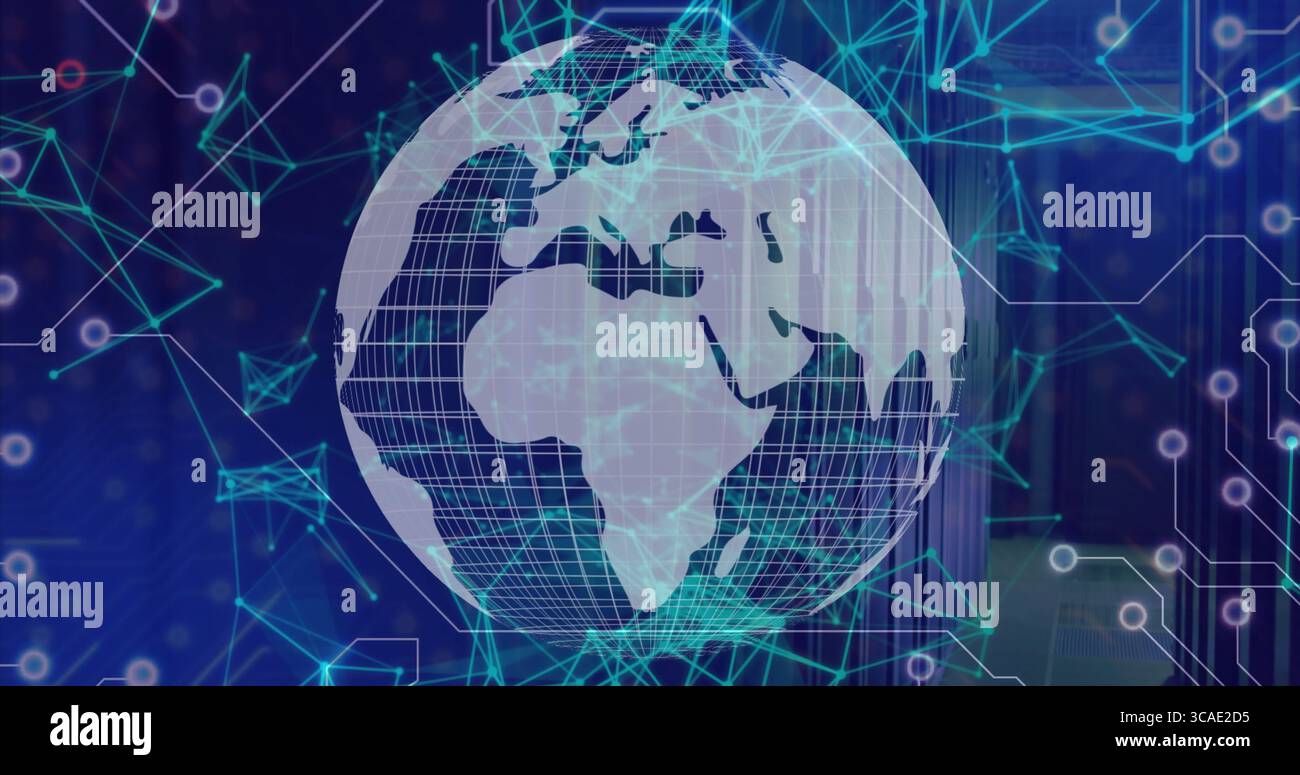 Spinning wireframe globe displaying glowing network lines, hexagonal ...