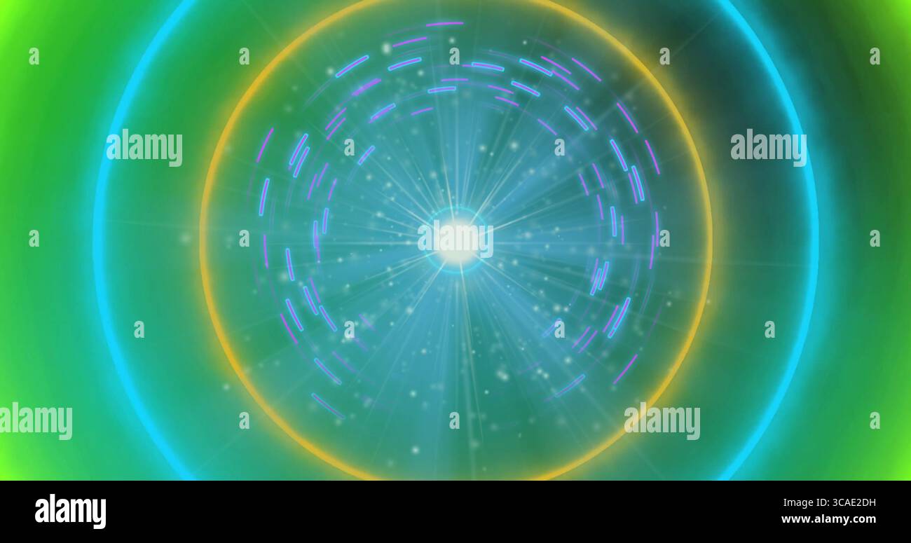 Glowing orb emitting radial beams across concentric rings in digital space, with light particles ...