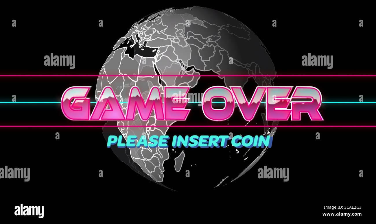 Displaying neon pink GAME OVER text with turquoise stripes over globe ...