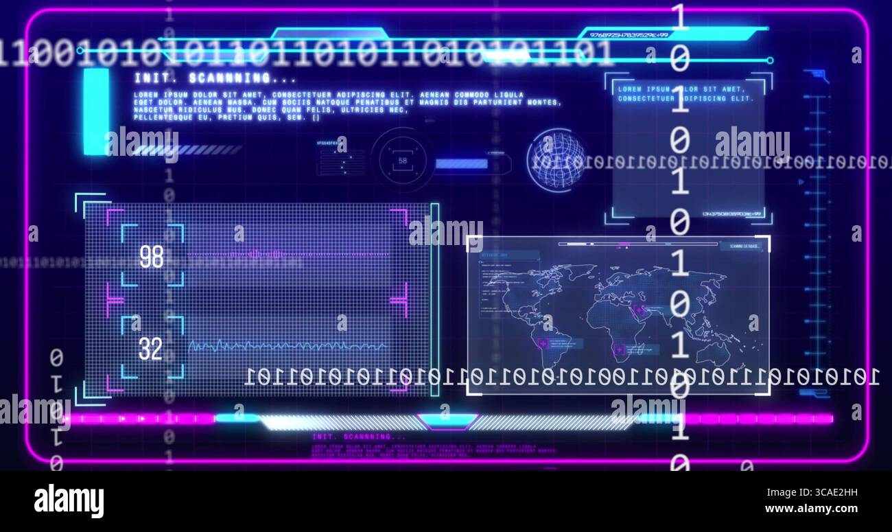 Displaying UI on console with purple-cyan accents, streaming binary code, waveform graph, world ...
