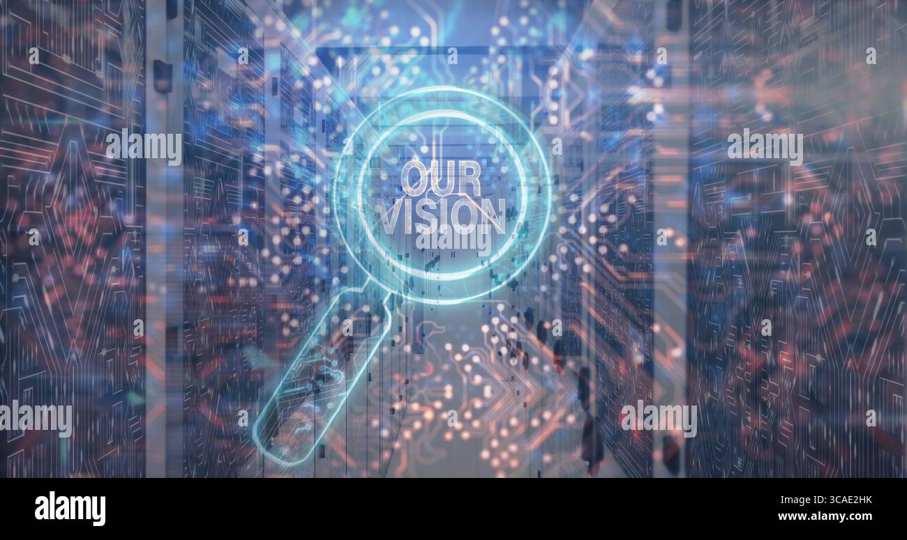 Floating magnifying glass showing OUR VISION over LED server racks in ...