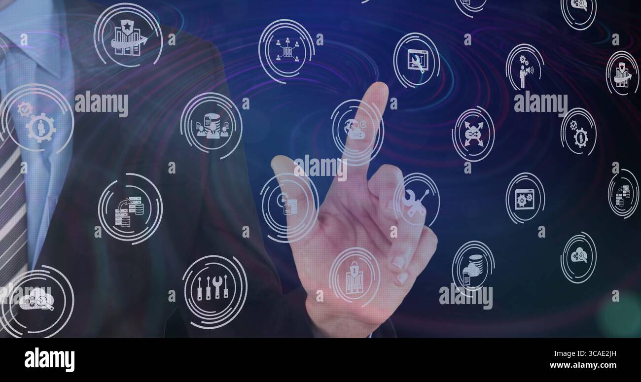 Businessman wearing suit and tie interacting with touch interface in ...