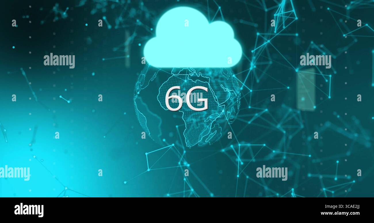 Hovering glowing cloud icon transmitting data across wireframe globe in ...