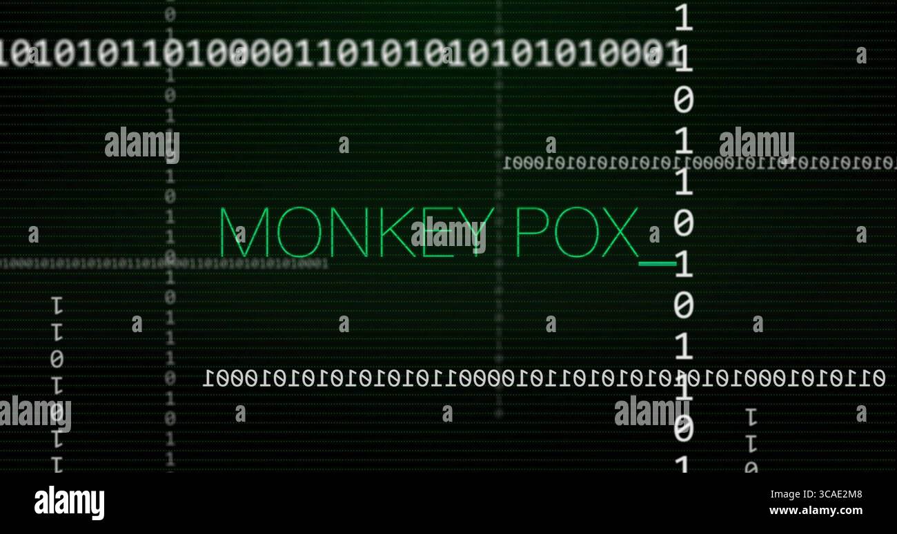 Displaying green MONKEY POX terminal text on black grid interface, with binary code lines Stock ...
