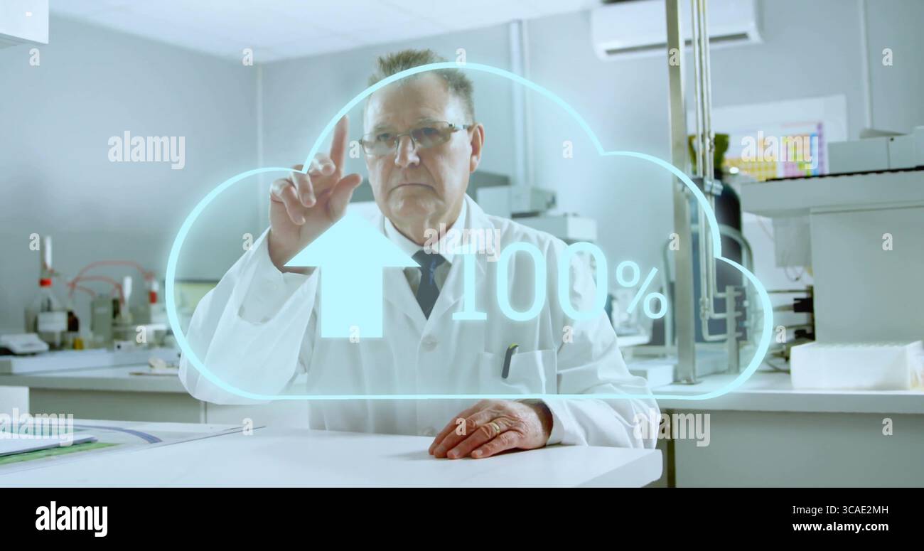 Reaching male scientist wearing lab coat touching digital cloud showing ...