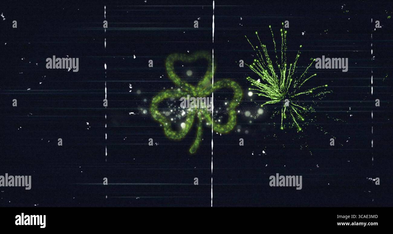 Glowing neon-green four-leaf clover shining in glitch sky with ...