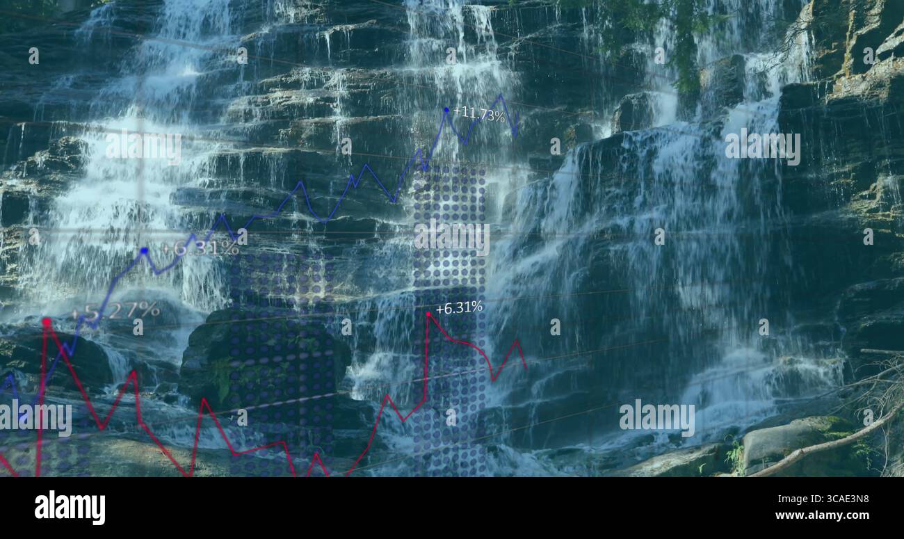 Cascading multi-tiered waterfall over rock ledges at forest cliff, with ...