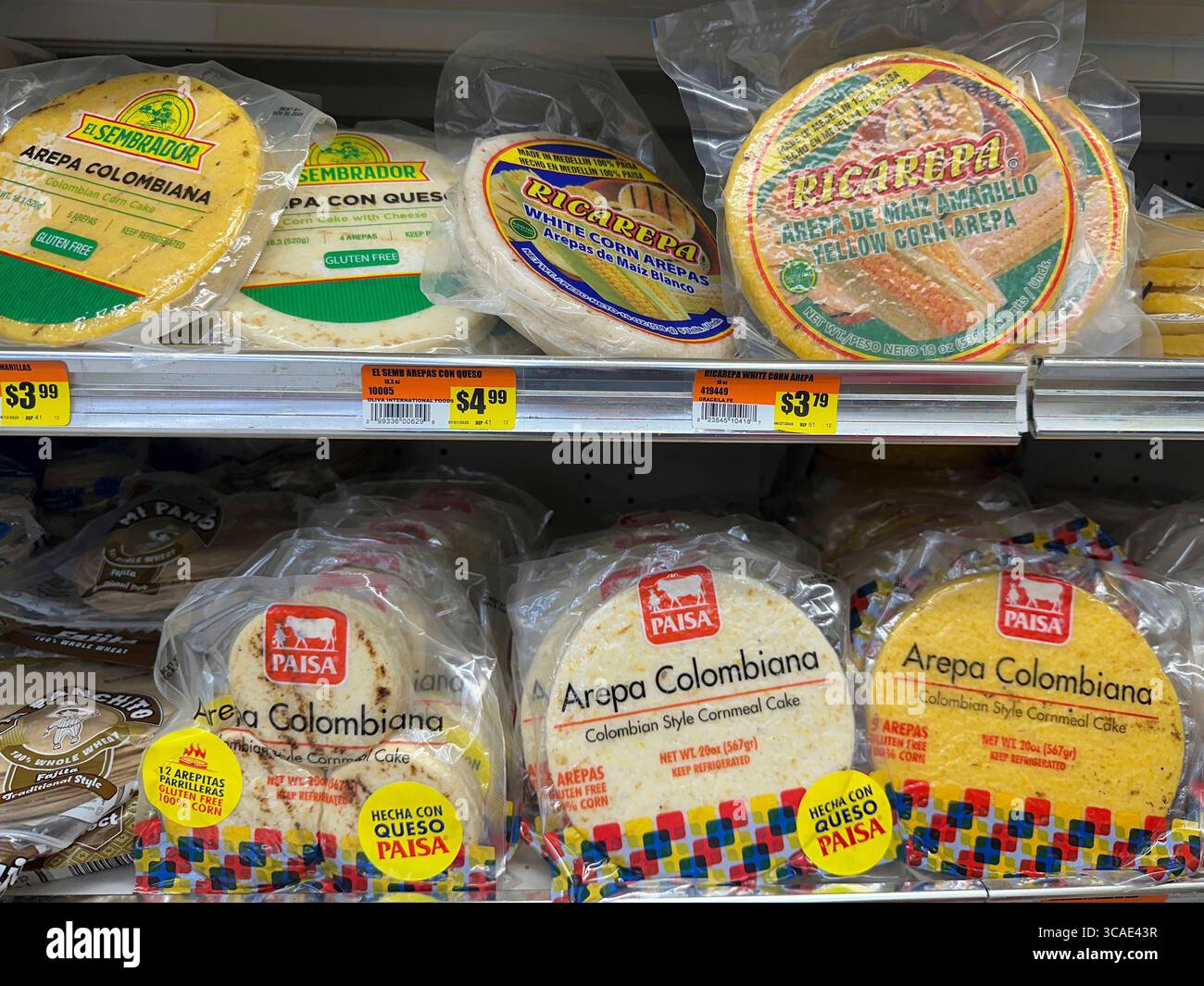 Arepas from Colombia are displayed for sale at a Presidente Supermarket ...