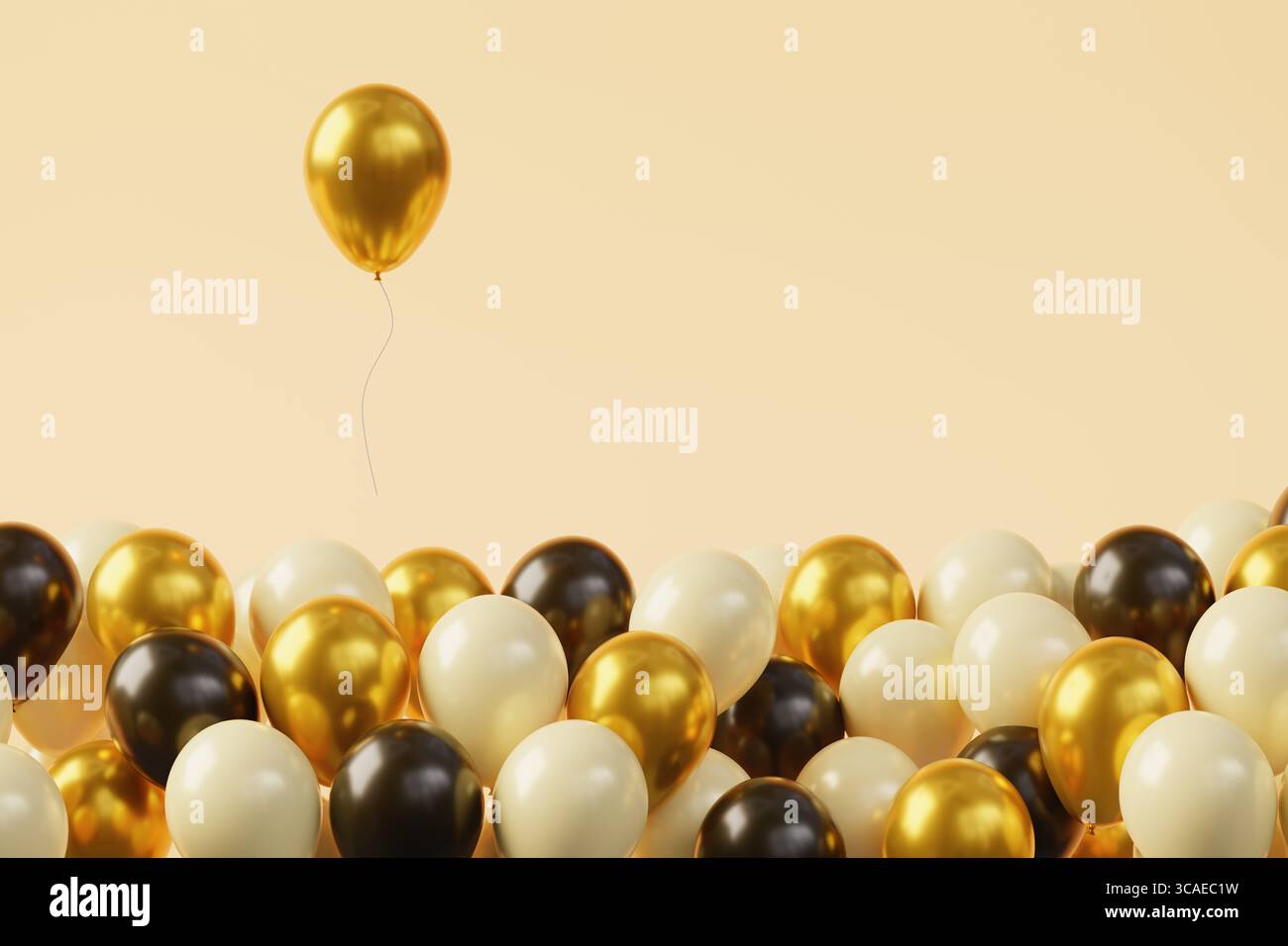 A single golden balloon floats above a cluster of metallic balloons in ...