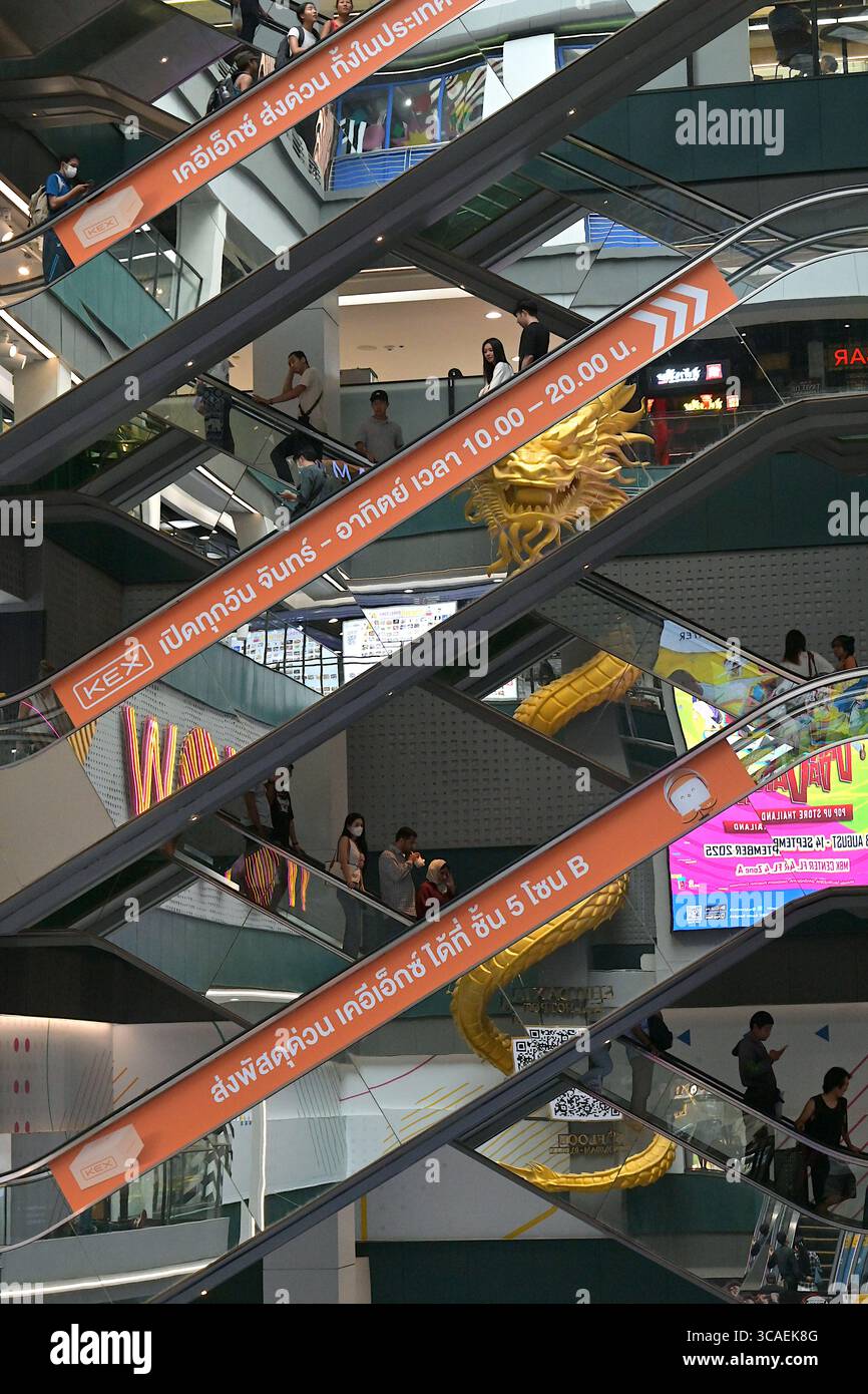 Escalators in central atrium at MBK Center, a popular shopping mall in ...
