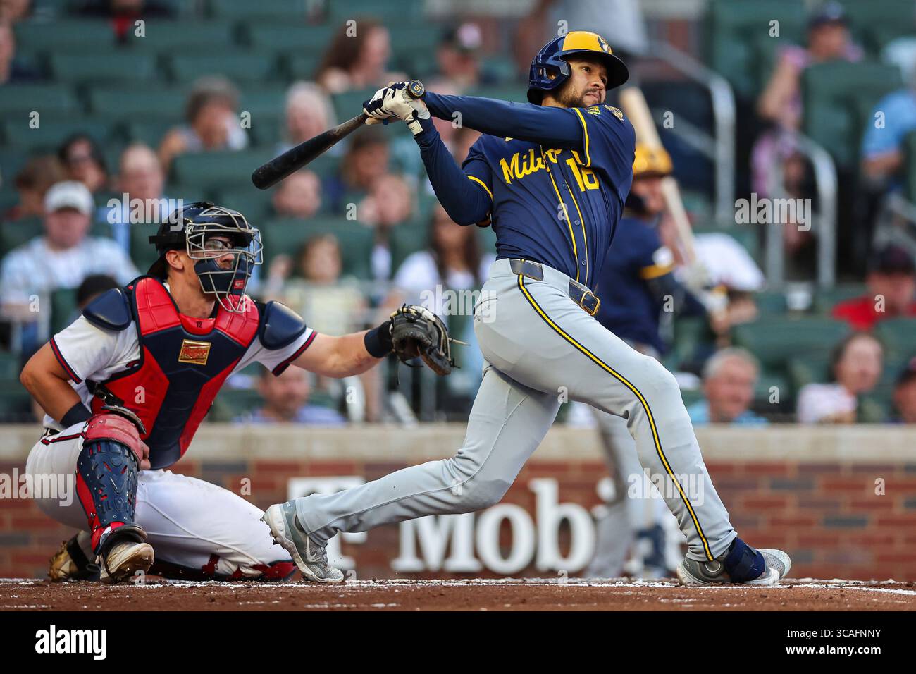Milwaukee Brewers' Blake Perkins hits a double in the second inning of ...