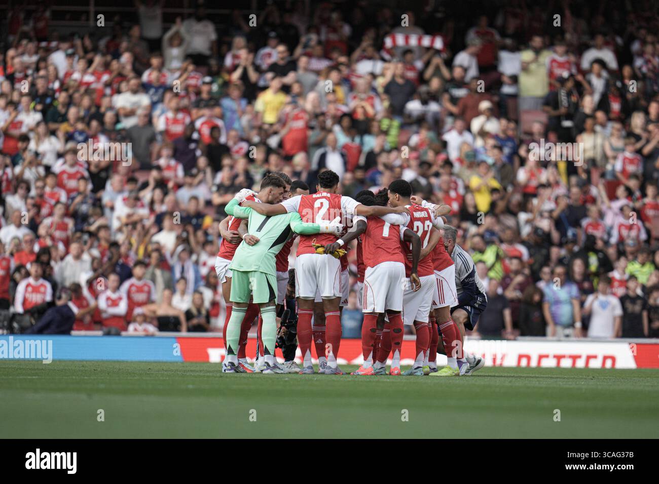 Arsenal team huddle during the Pre-season friendly match Arsenal vs ...