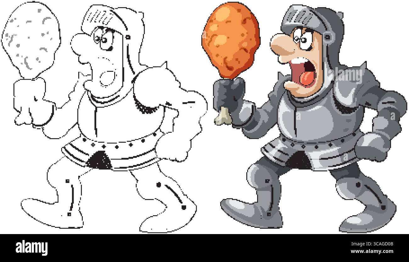 Humorous vector illustration of a cartoon knight in armor holding a ...