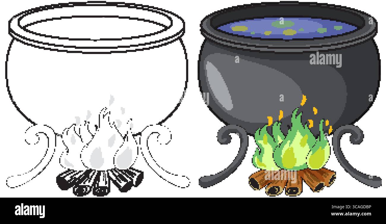 Vector illustration of a cauldron with fire, shown in both colorful and ...