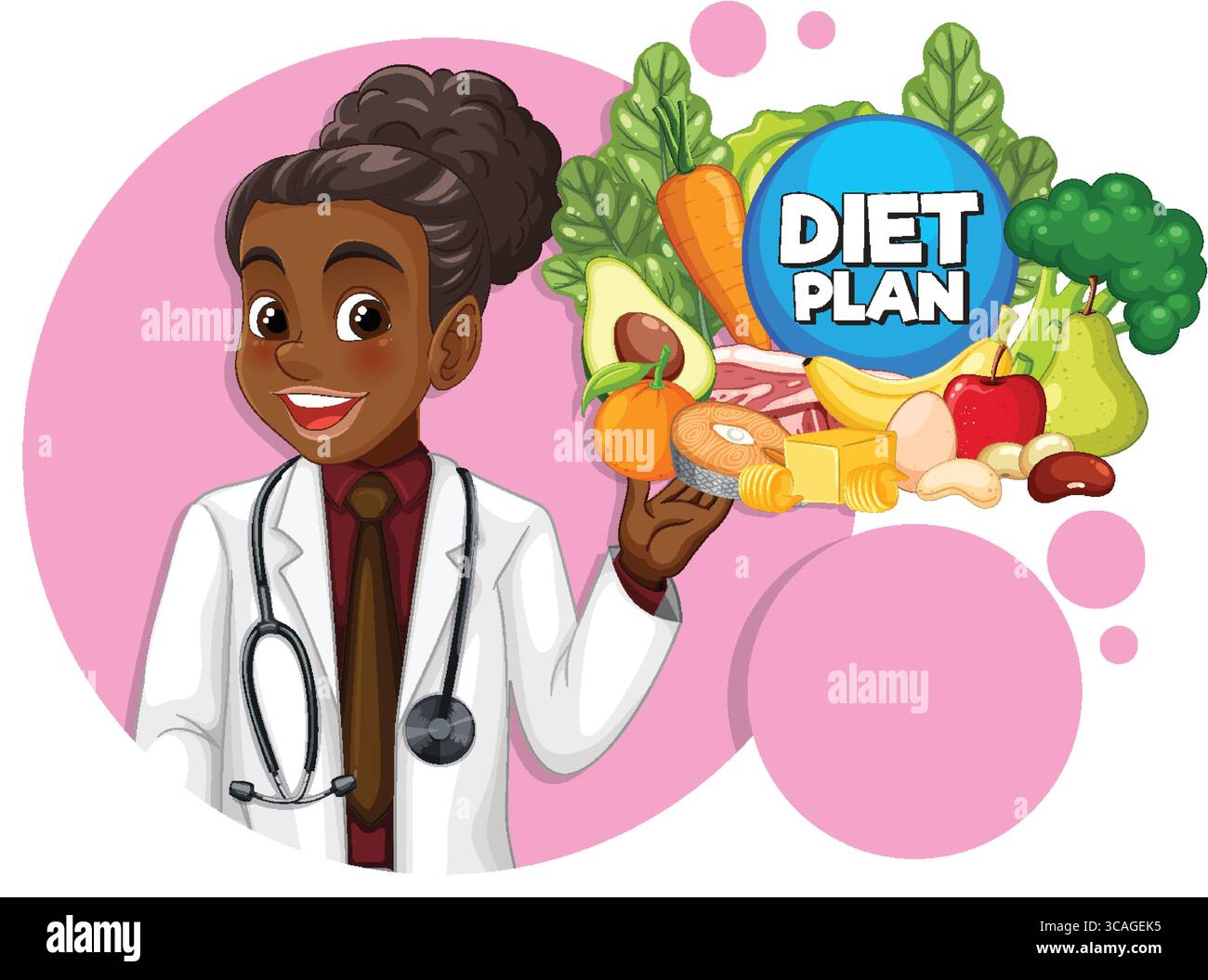 Vector illustration of a smiling nutritionist holding healthy foods and ...
