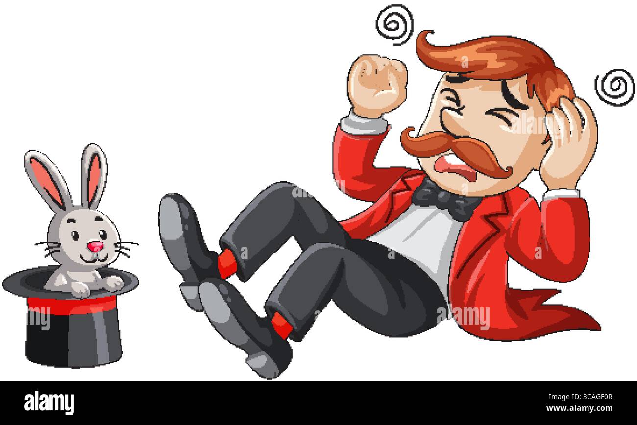 Cartoon magician in red suit falls backward in shock as a rabbit pops ...