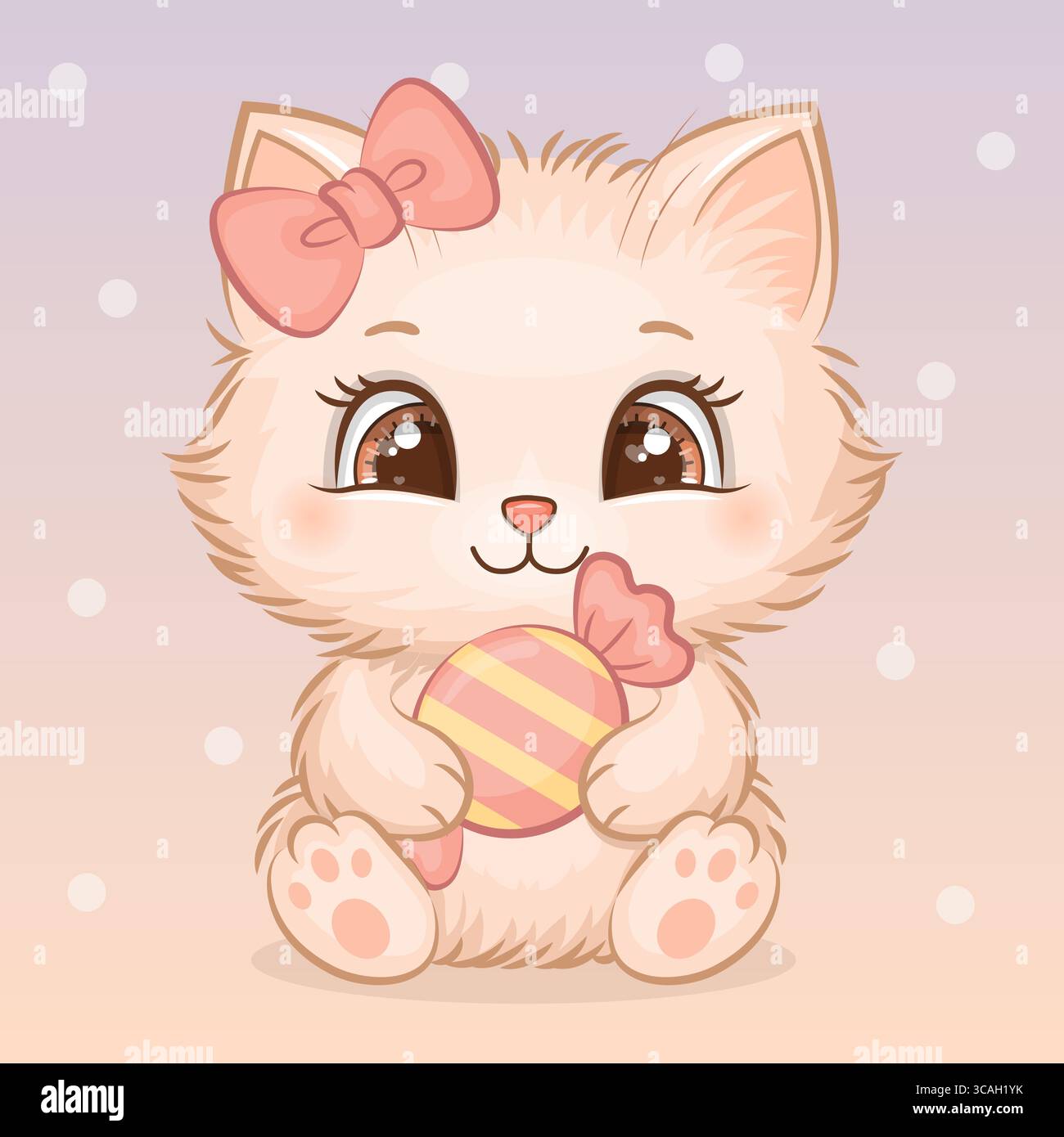 Adorable Fluffy Cartoon Cat with Hair Bow and Candy. Vector ...