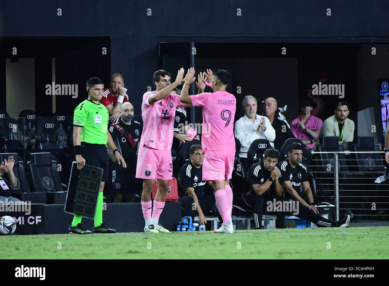 Inter Miami defender Noah Allen (32) high fives Inter Miami forward ...