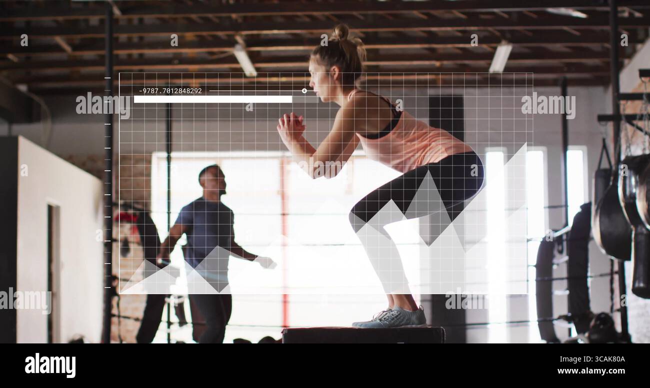 Jumping woman in tank top performing box jump onto plyometric box in ...