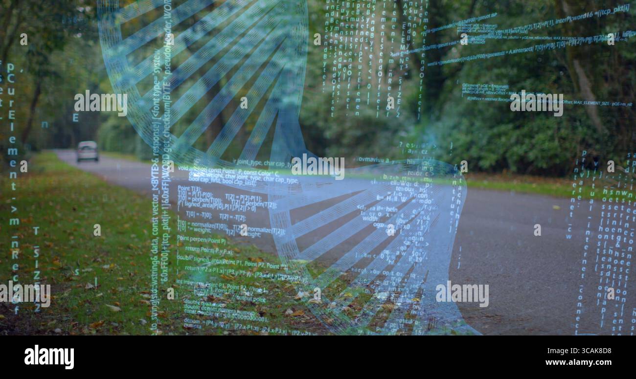 Floating translucent helix graphic merging code lines over rural forest ...