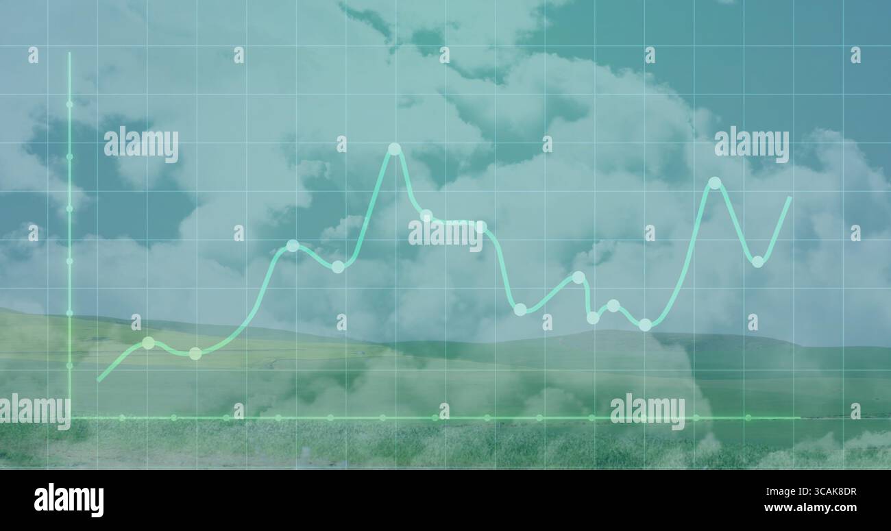 Displaying grid overlay with axes across rural meadow hills, neon green ...