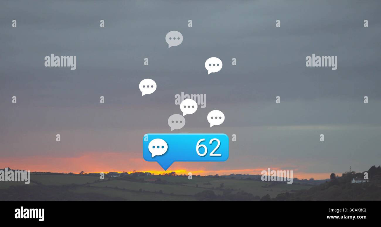 Floating chat bubble icons drifting over fields at sunset, with blue ...