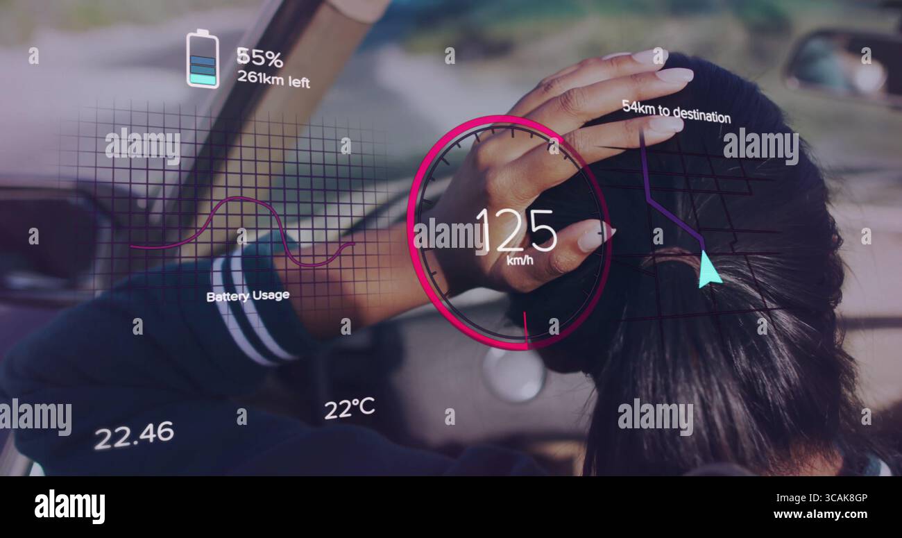 Adjusting hair Indian woman driving on highway with AR display showing 125 km or h speed, copy ...