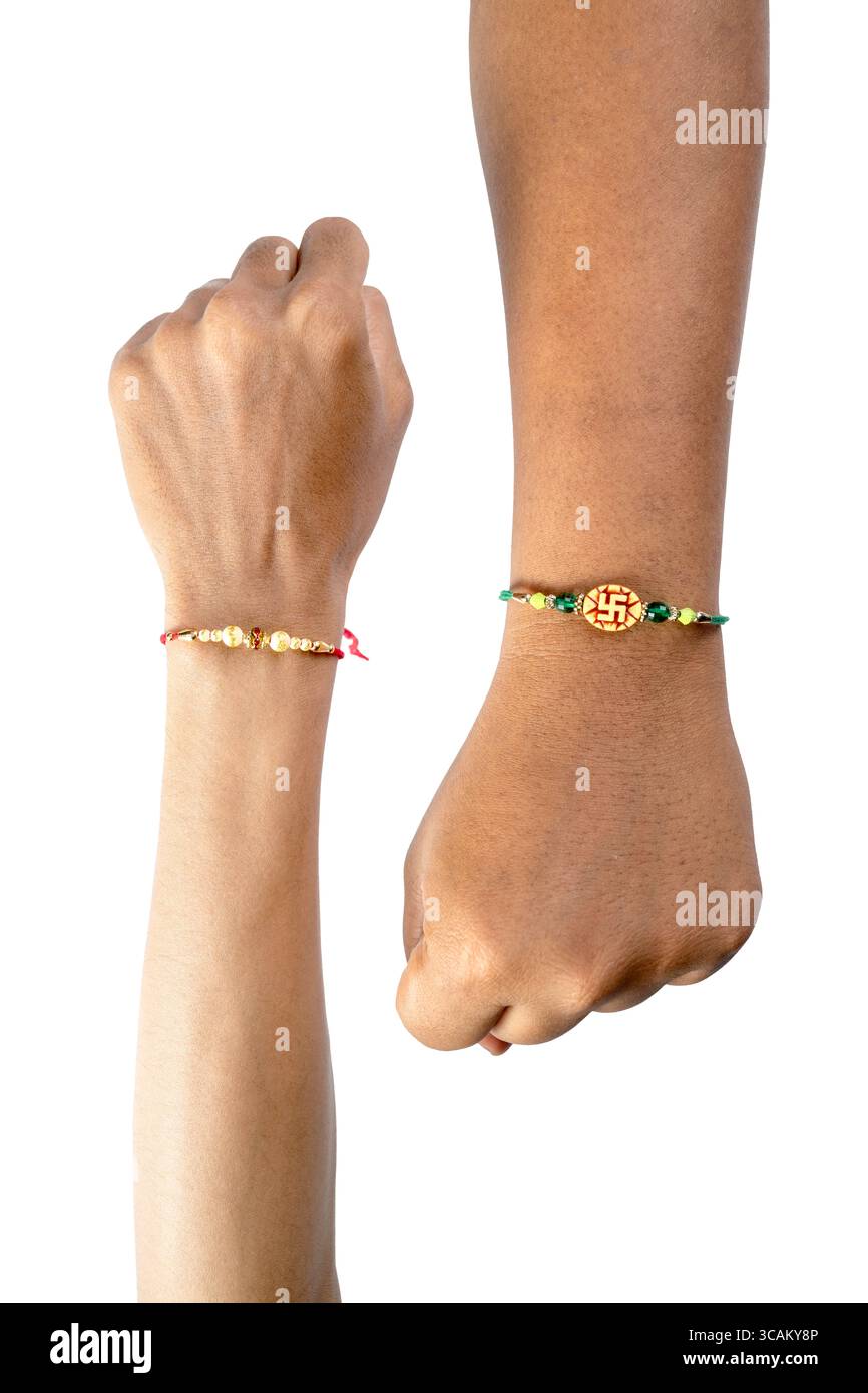 Human hands showing colorful rakhis on the wrist, isolated over a white ...