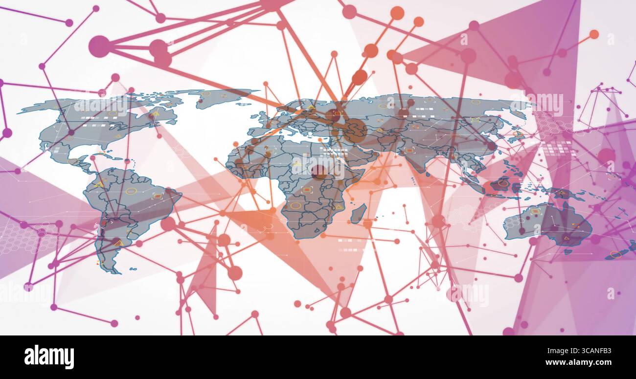 World map displaying network links in digital scene, with network nodes ...