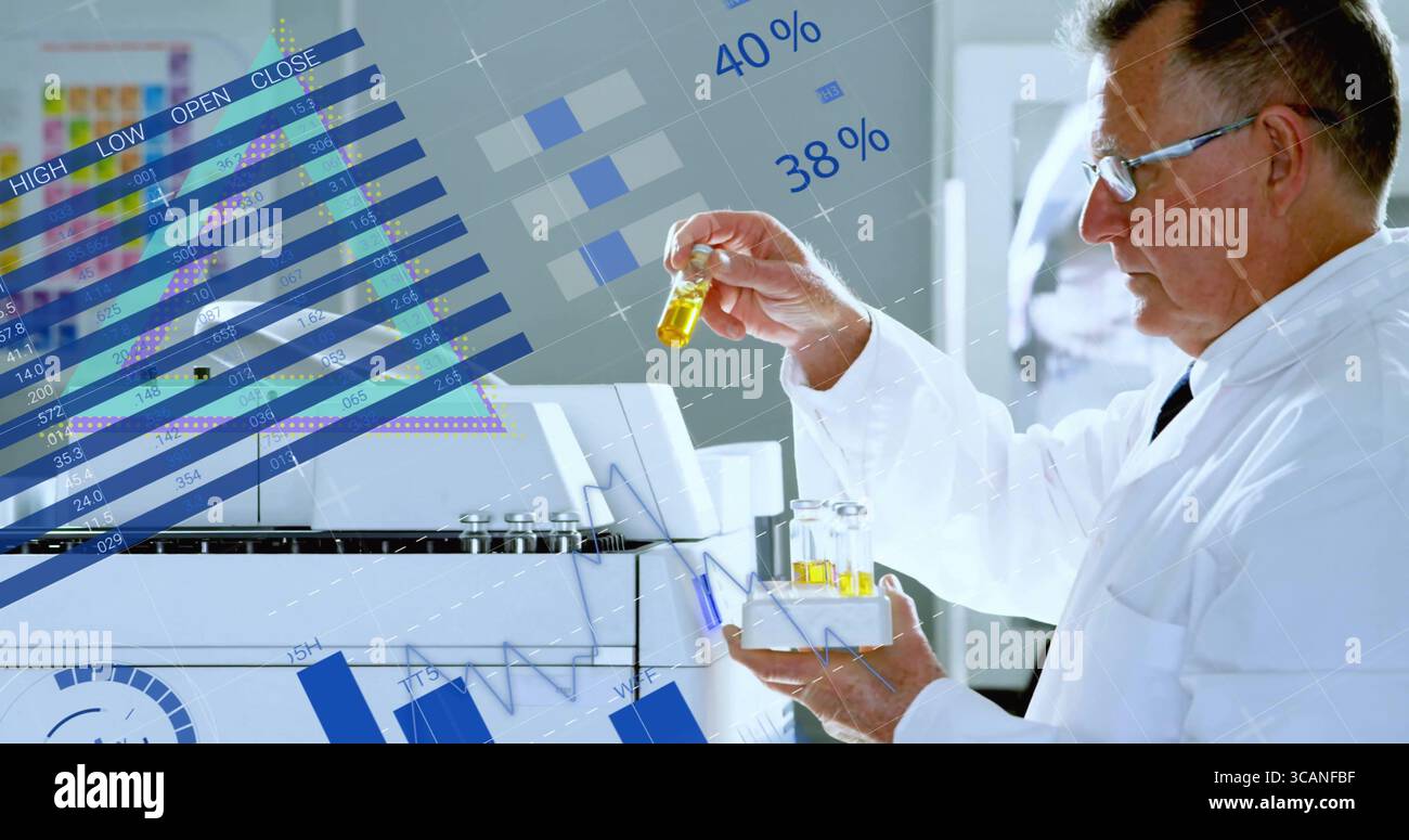 Examining scientist in lab coat holding test tube rack near instrument ...