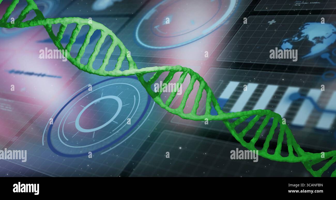 Displaying green DNA double helix floating across high tech interface ...