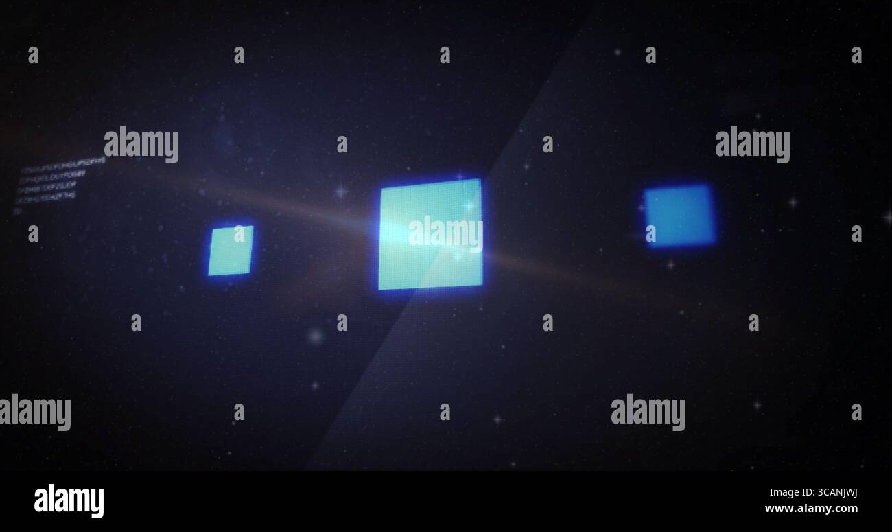 Pulsing central glowing blue square moving in virtual space, with lens ...