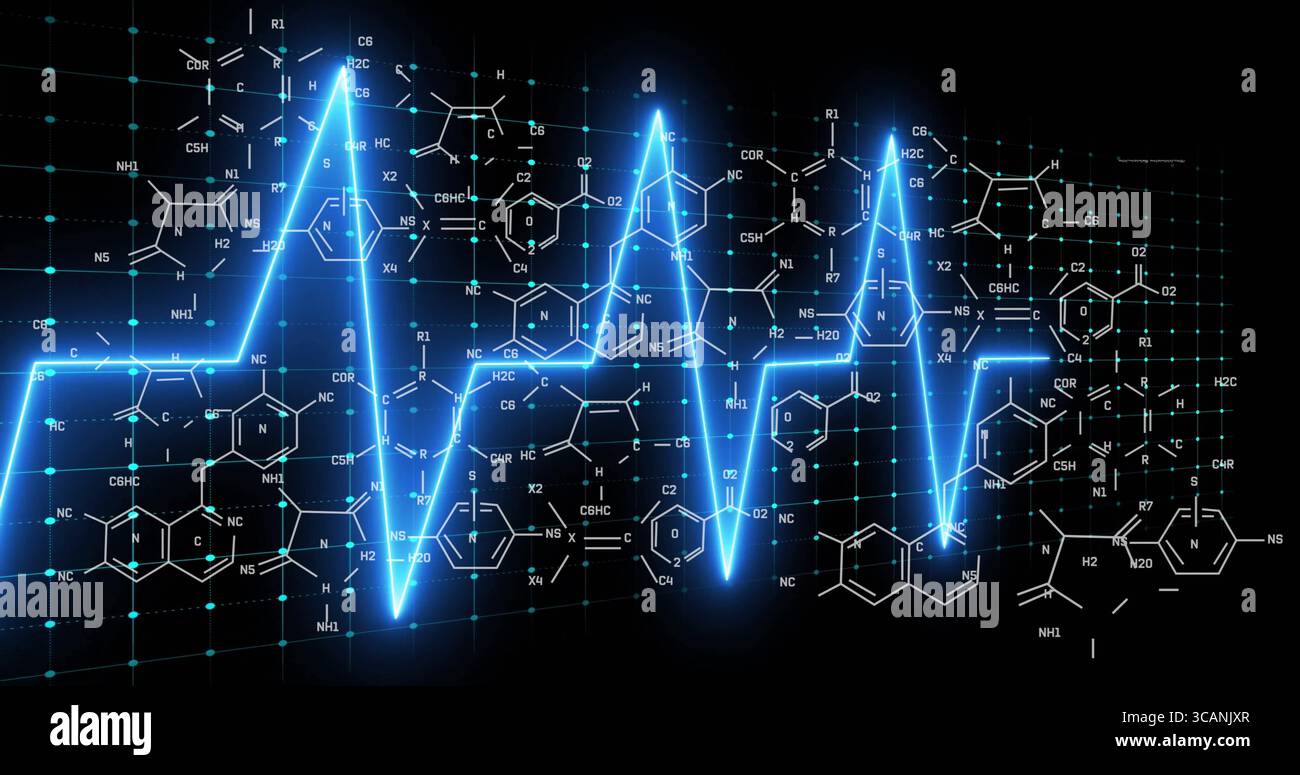 Displaying neon-blue ECG waveform pulsing on virtual laboratory ...