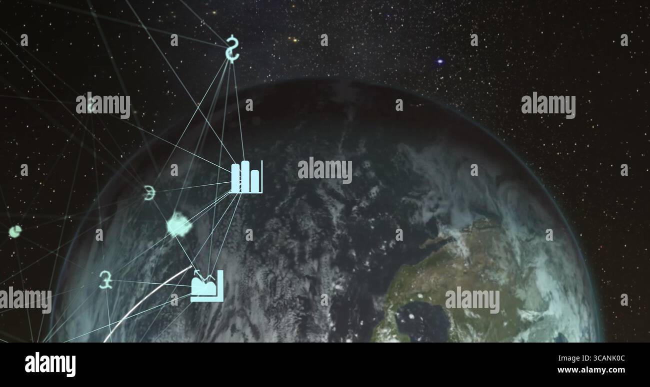 Planet Earth spinning in space, white network lines linking to ...
