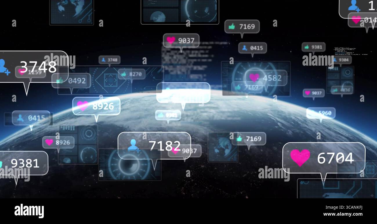 Floating notification bubbles with heart and thumbs-up icons hovering ...