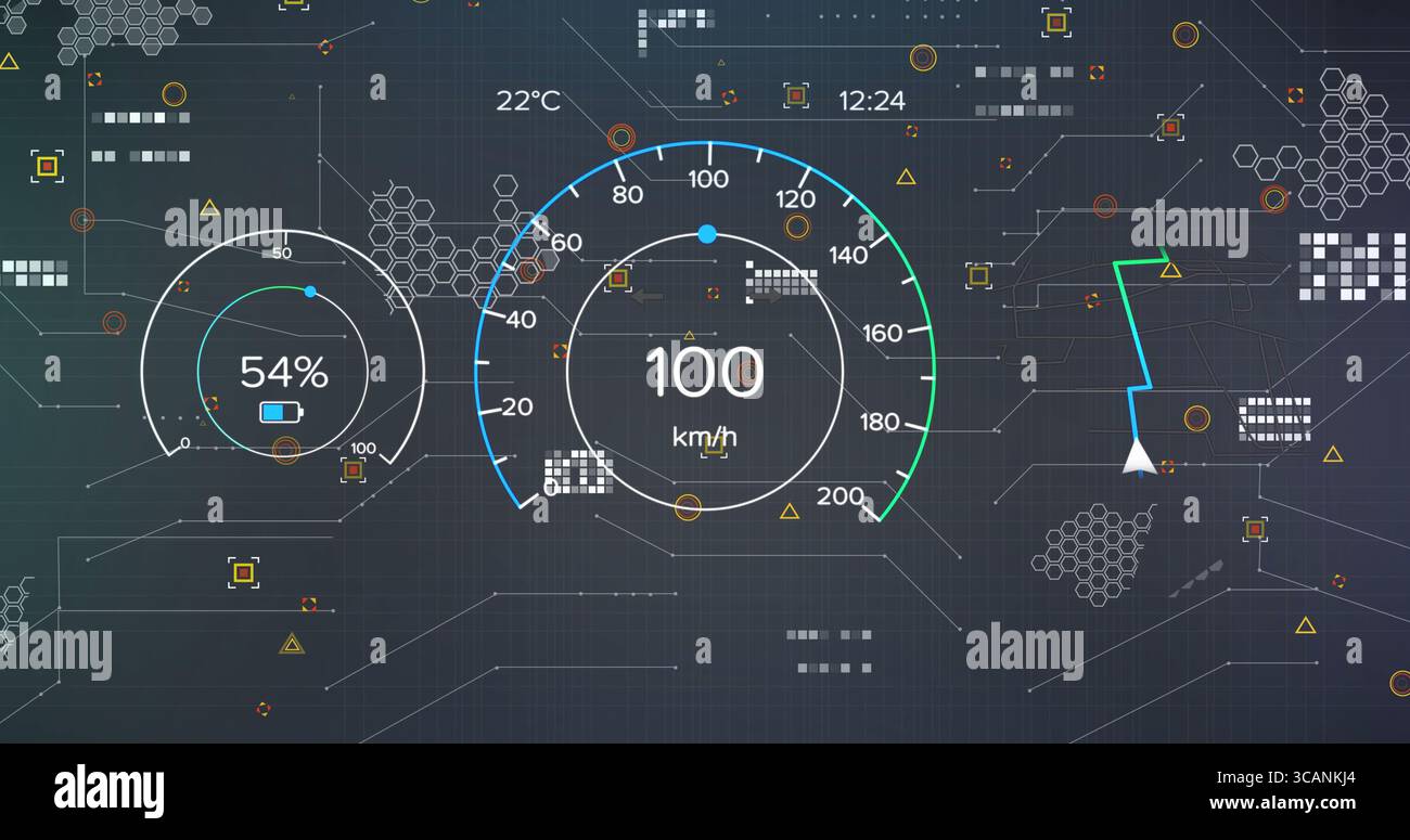 Displaying speedometer at 100 km or h on panel with metrics, navigation ...